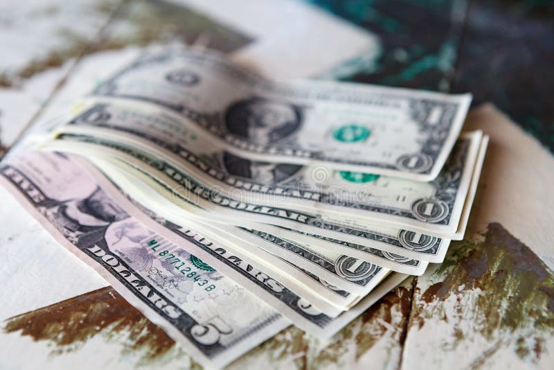 Money - One Dollar Bills on Vintage Table Stock Image - Image of number ...