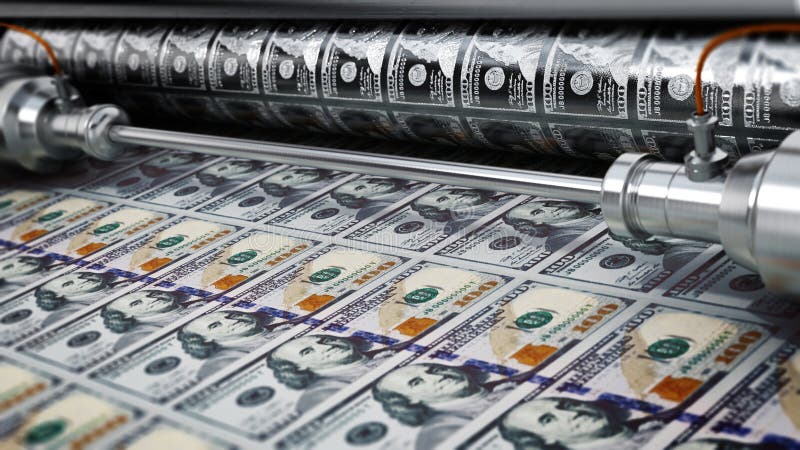 Money Printing Machine Printing 100 Dollar Banknotes. 3D Illustration ...