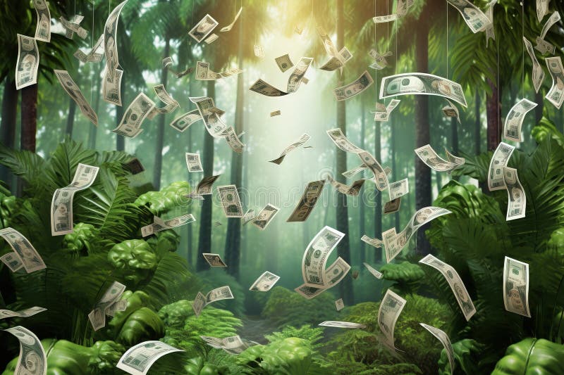 Money rain in the jungle stock illustration. Illustration of rain ...