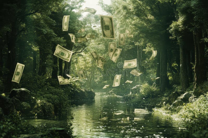 Money Raining Down through a Forest Canopy and into a Creek Stock ...
