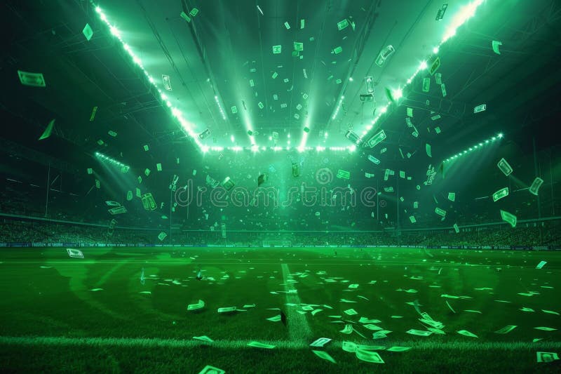 Money Raining Down on Soccer Field in Crowded Stadium at Night Stock ...