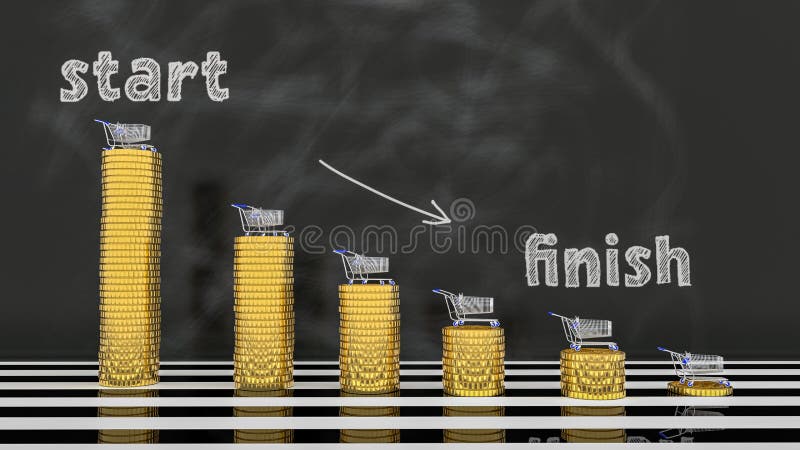 Money Reduction Concept Image. Stacks of Coins in a Decrease Financial Concept. 3d Rendering ...