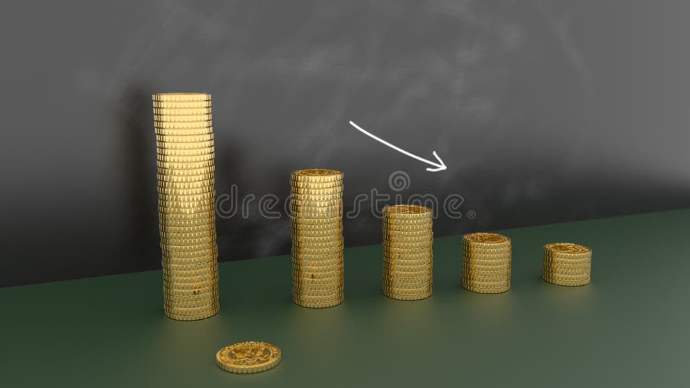 Money Reduction Concept Image. Stacks of Coins in a Decrease Financial Concept. 3d Rendering ...