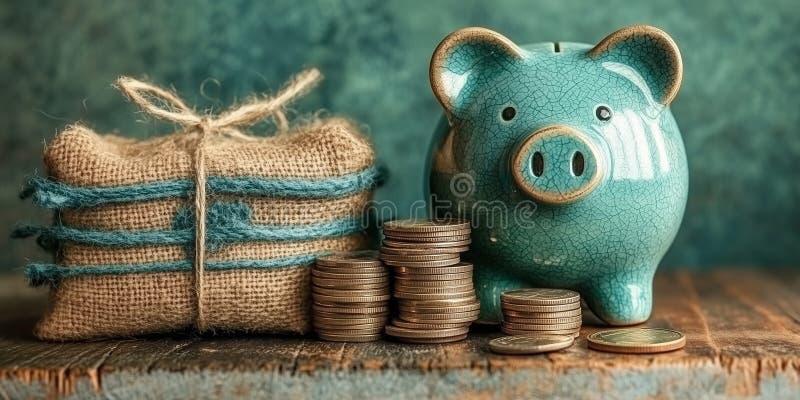 Money Saving Concept with Piggy Bank and Coin Stack on Rustic Table ...