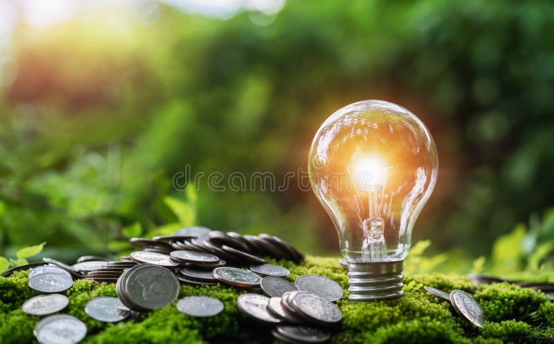 Money Stack with Light Bulb on Green Grass and Sunshine in Nature ...