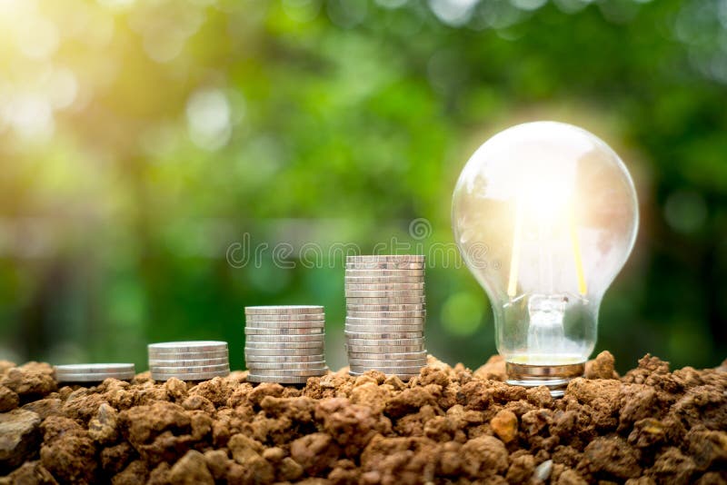 Money Stack Step Up Growing Growth Saving Money and Lightbulb on Soil ...