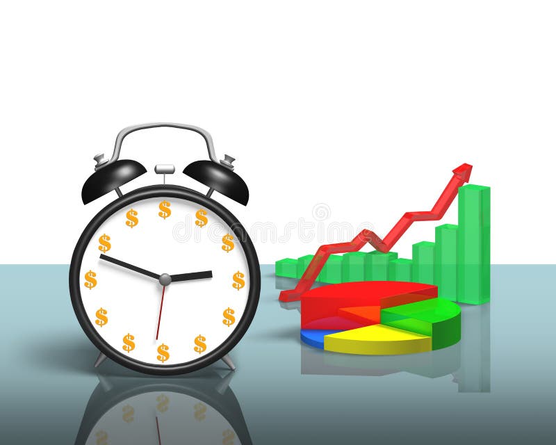 Money Symbol Face Clock with Chart on Table Stock Illustration ...