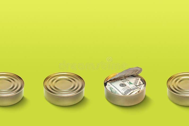 Money Tin Cans Line with Open One Stock Image - Image of canned ...