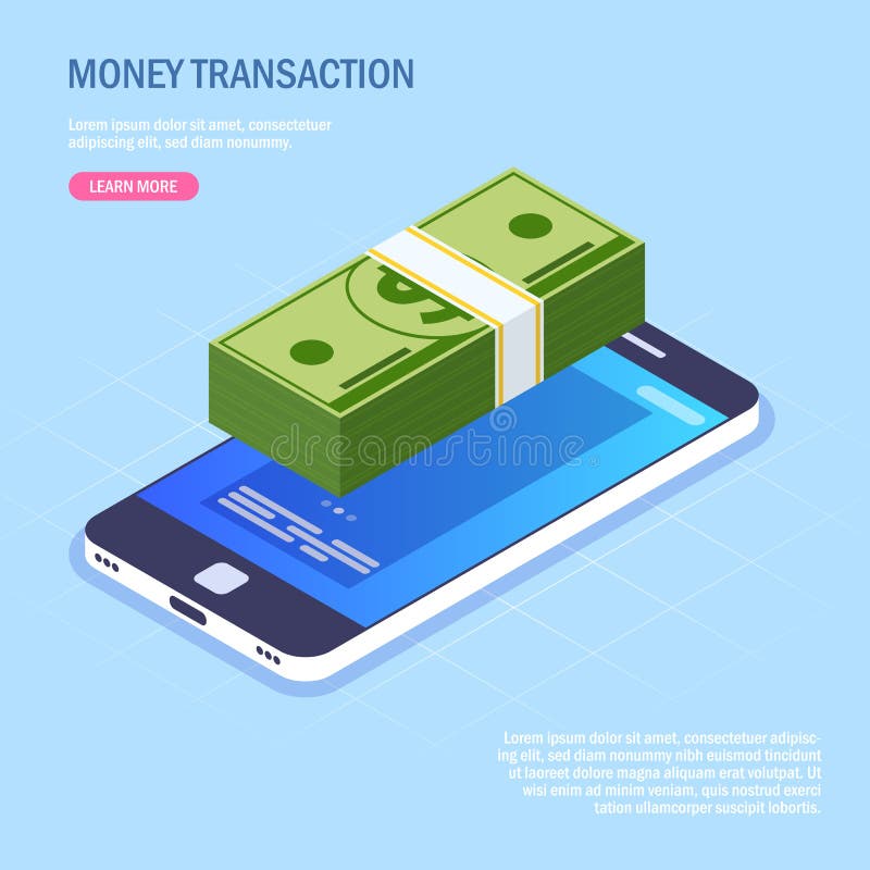 Money Transaction Via Mobile Phone. Money Stack on Device Screen. Paper ...