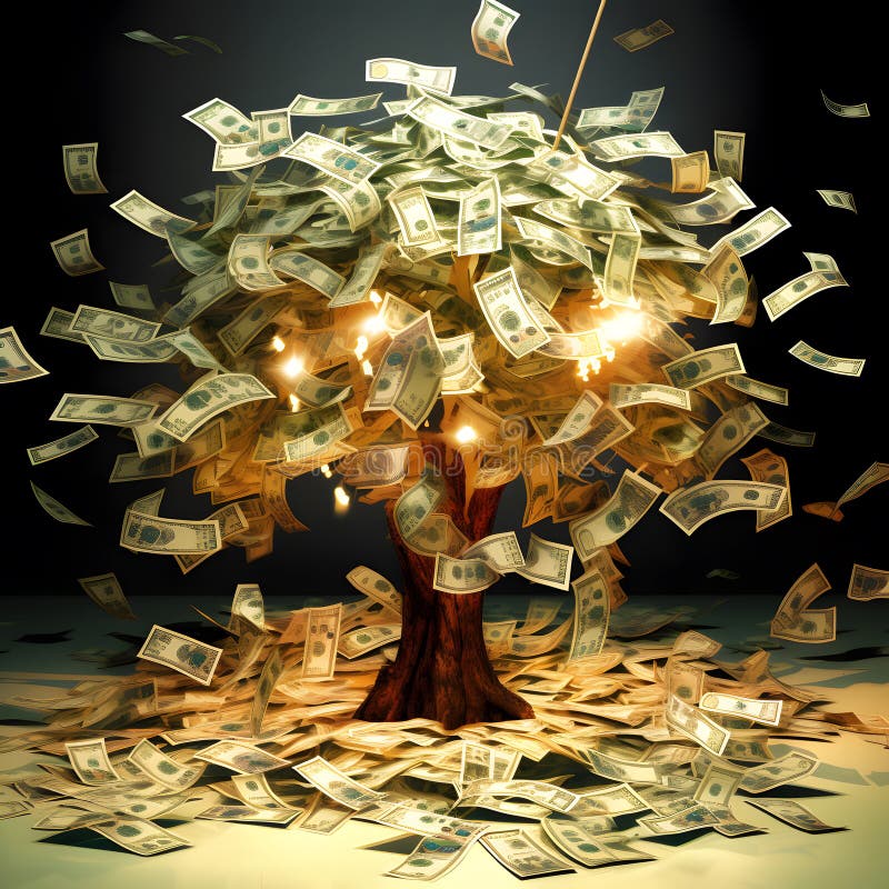 Money Tree with Glowing Lights and Falling Dollars. 3D Illustration ...