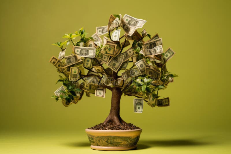 Money Tree in Pot with Dollar Banknotes. Money Tree on Green Background ...