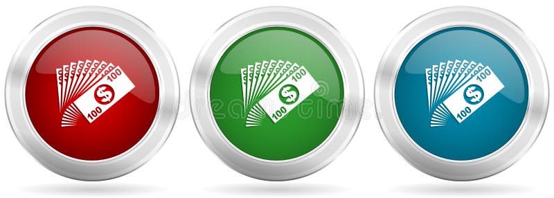 Money Vector Icon Set. Red, Blue and Green Silver Metallic Web Buttons ...