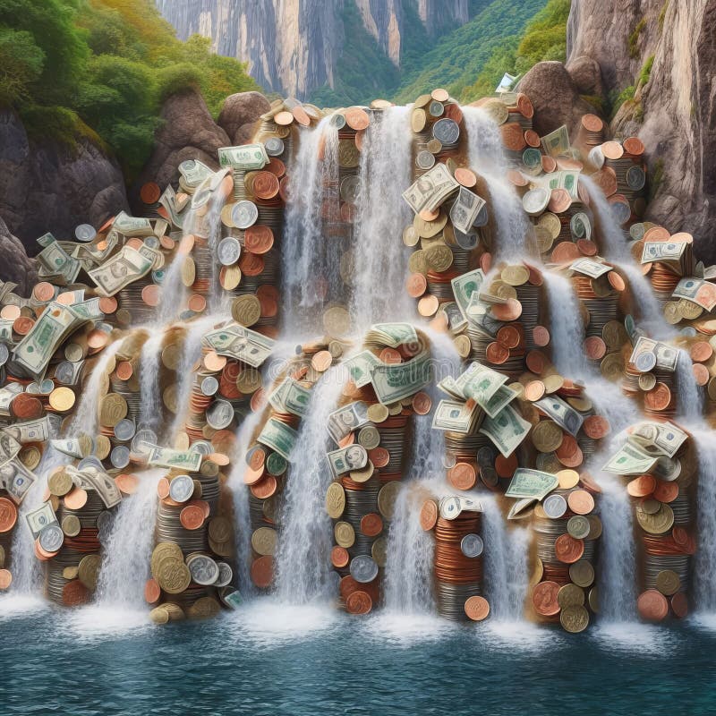 Money Waterfall with Coins and Dollar Bills Stock Photo - Image of ...