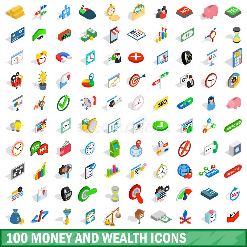 100 Money Wealth Icons Set Isometric 3d Style Stock Vector
