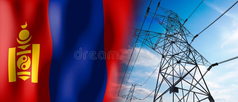 Mongolia - Country Flag and Electricity Pylons - 3D Illustration Stock ...