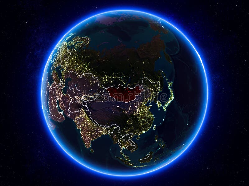 Mongolia on Earth from Space at Night Stock Illustration - Illustration ...
