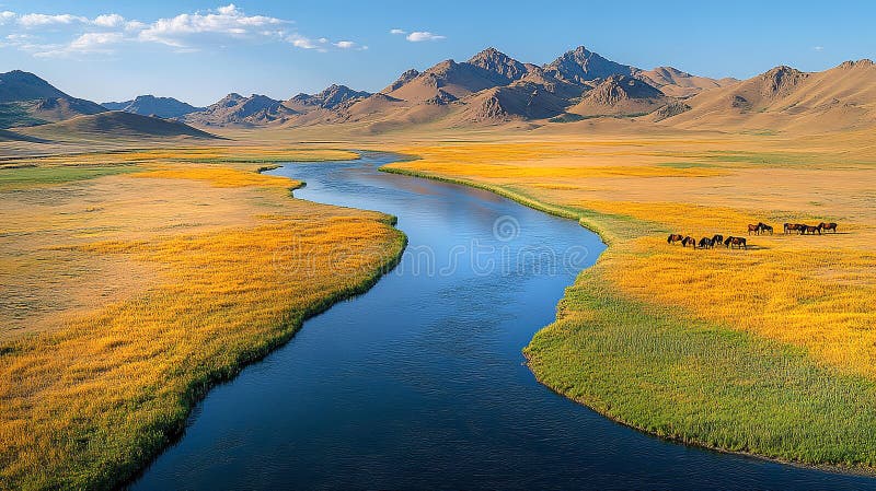 Mongolia Landscape with Steppe, Mountains and River. Panoramic View ...