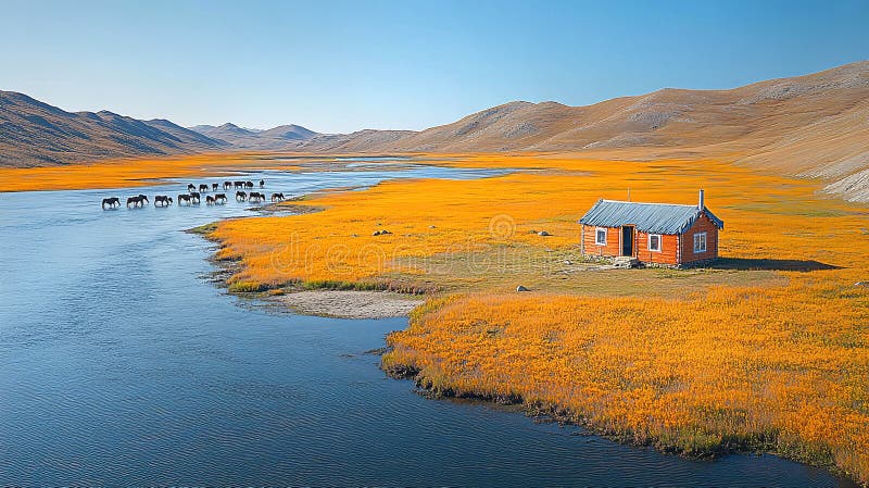 Mongolia Landscape with Steppe, Mountains and River. Panoramic View ...