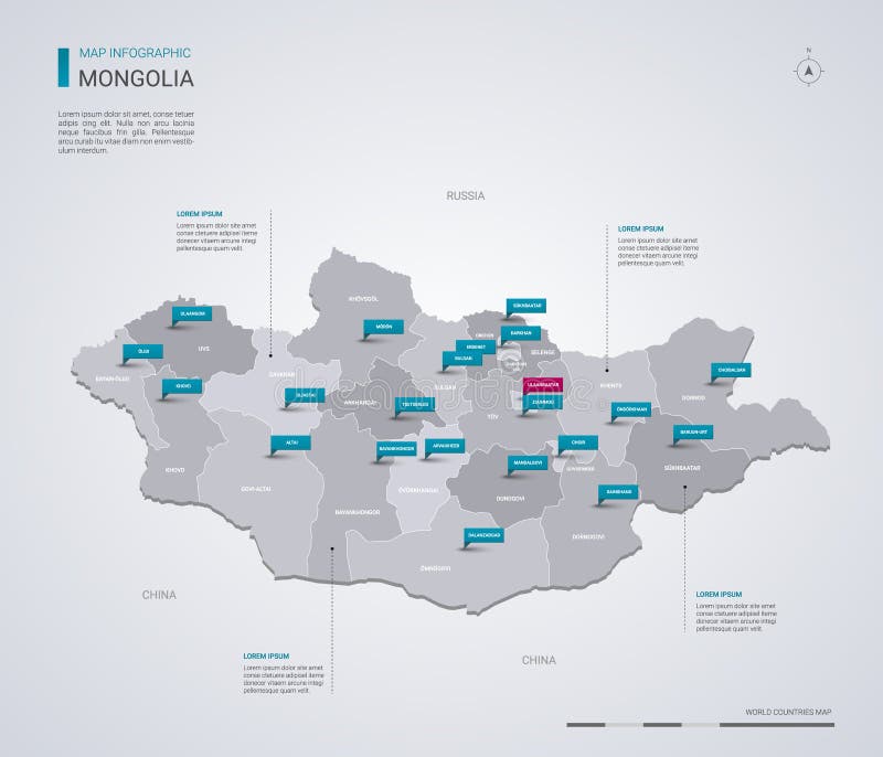 Mongolia Vector Map with Infographic Elements, Pointer Marks Stock ...