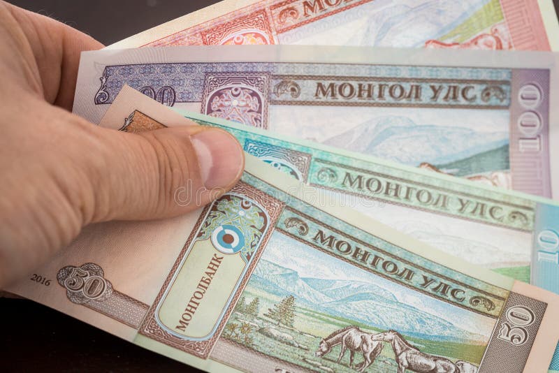 Mongolian Currency, Tugrik Money, Various Banknotes Held in the Hand ...