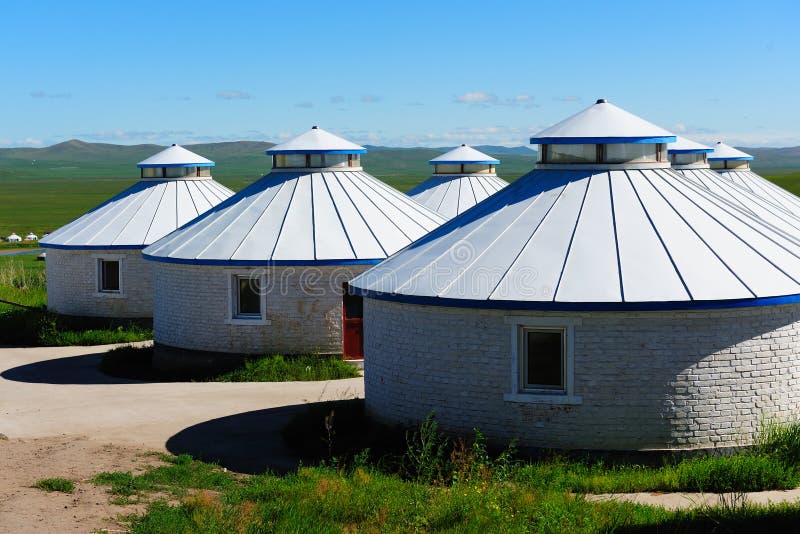 Mongolian Yurts in Grassland Stock Photo - Image of building, hillside ...