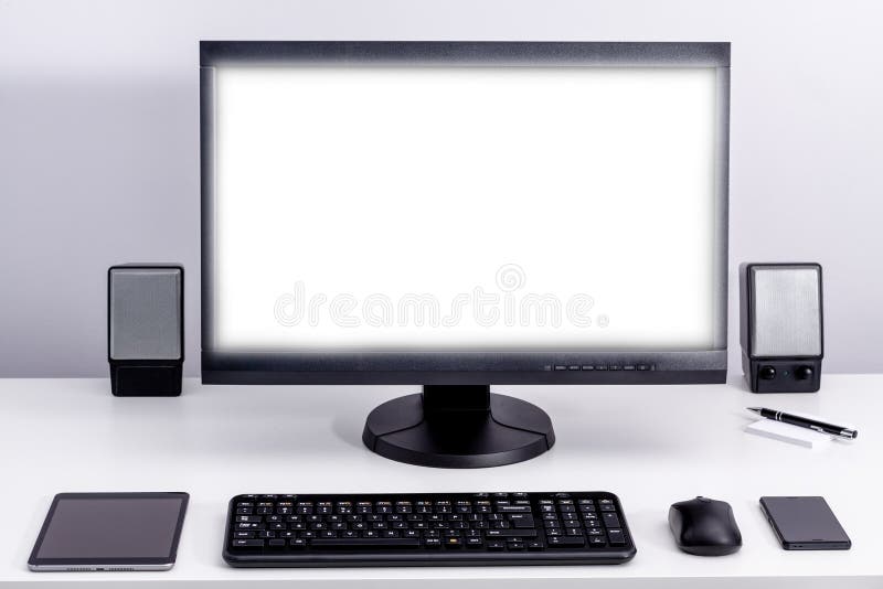 Monitor Bianco in Bianco Del Pc Sul Desktop Immagine Stock - Immagine ...