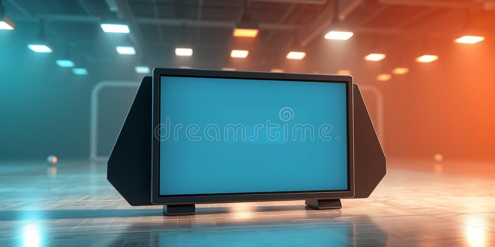 A Monitor with a Blue Screen is Displayed in a Room with Orange and ...