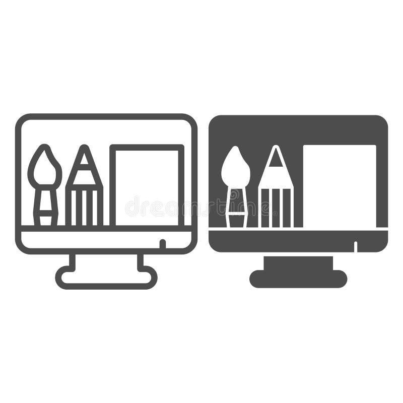 Monitor with Brush, Pencil and Sheet Line Icon, Startup Concept, Tools ...