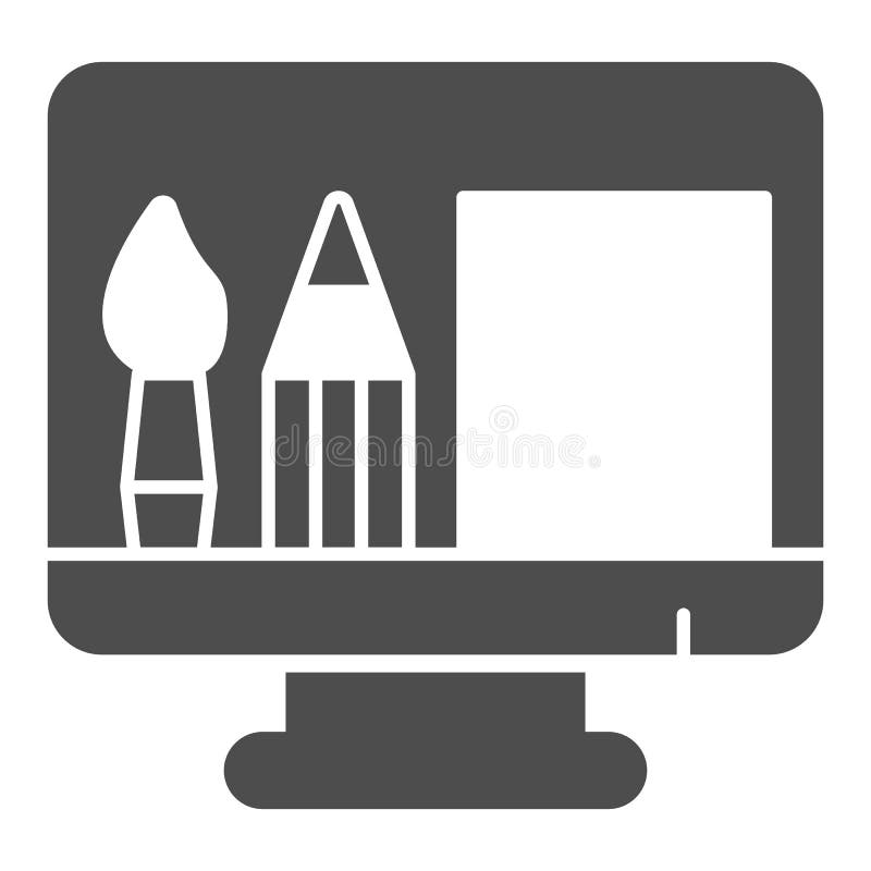 Monitor with Brush, Pencil and Sheet Solid Icon, Startup Concept, Tools ...