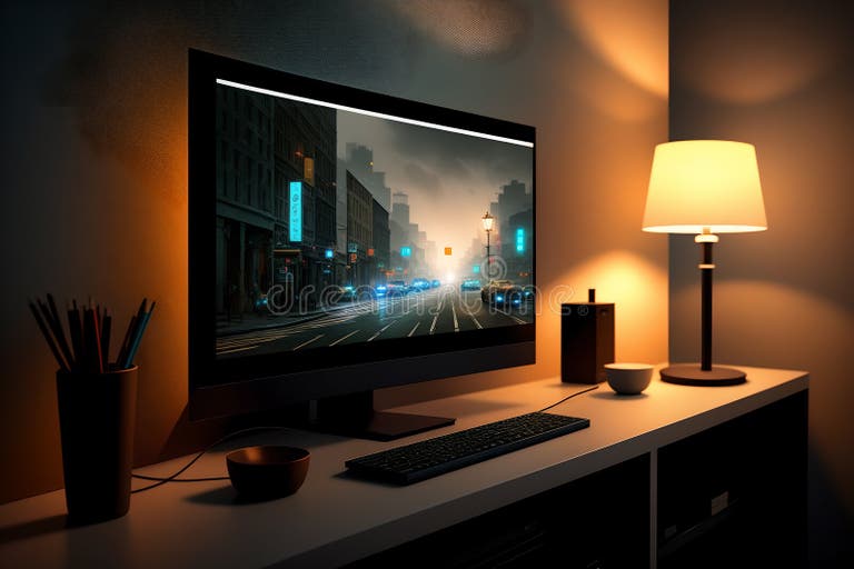 Monitor on computer table stock illustration. Illustration of home ...