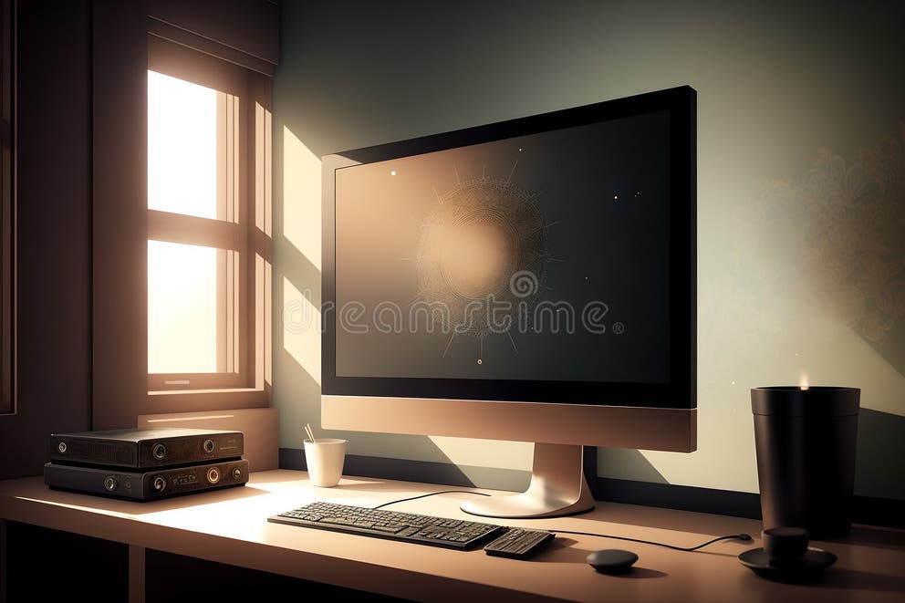 Monitor on computer table stock illustration. Illustration of ...