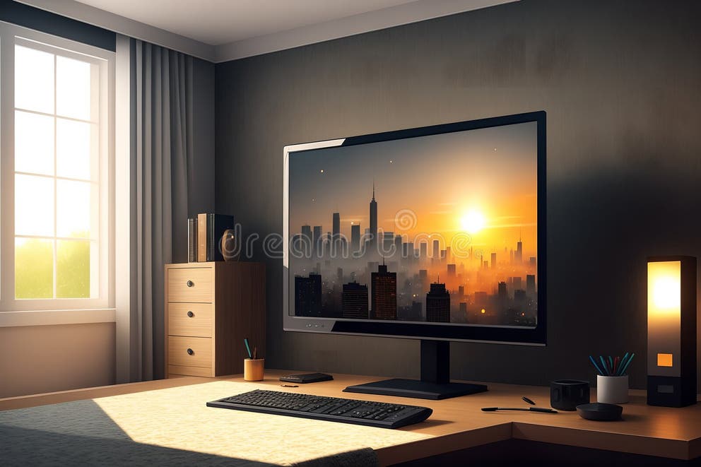 Monitor on computer table stock illustration. Illustration of wall ...