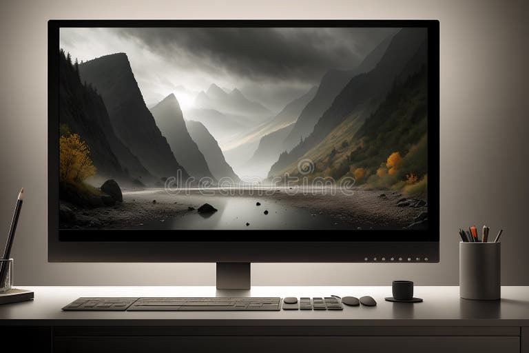 Monitor on computer table stock illustration. Illustration of brand ...