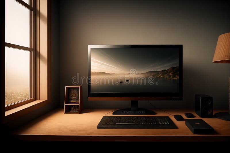 Monitor on computer table stock illustration. Illustration of home ...