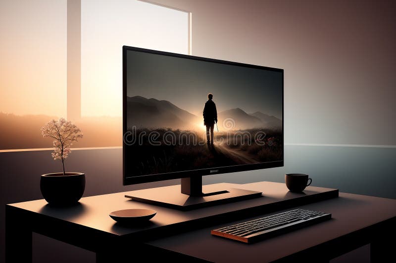 Monitor on computer table stock illustration. Illustration of computer ...