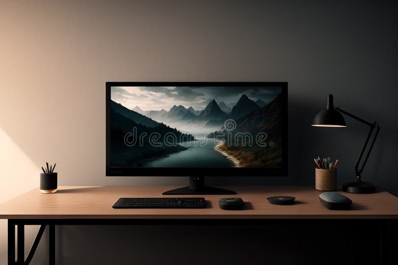 Monitor on computer table stock illustration. Illustration of home ...