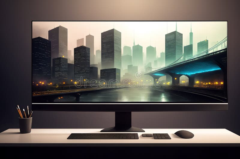 Monitor on computer table stock illustration. Illustration of home ...