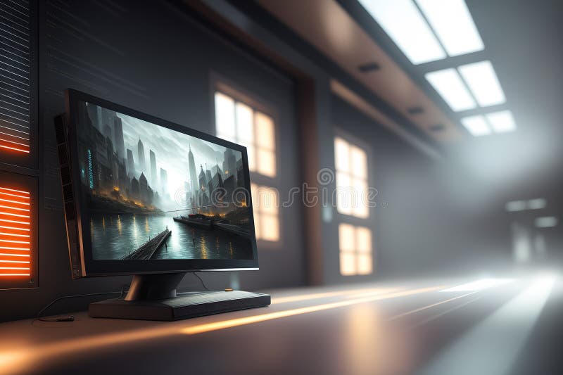 Monitor on computer table stock illustration. Illustration of table ...