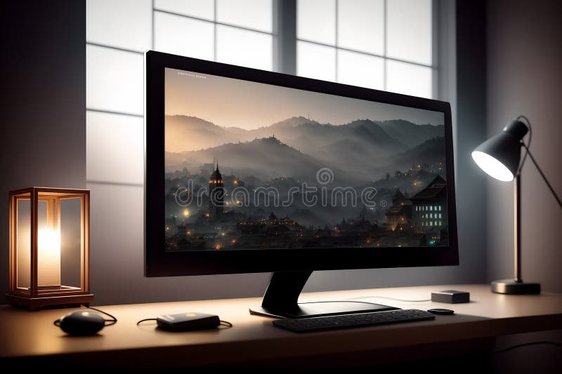 Monitor on computer table stock illustration. Illustration of light ...