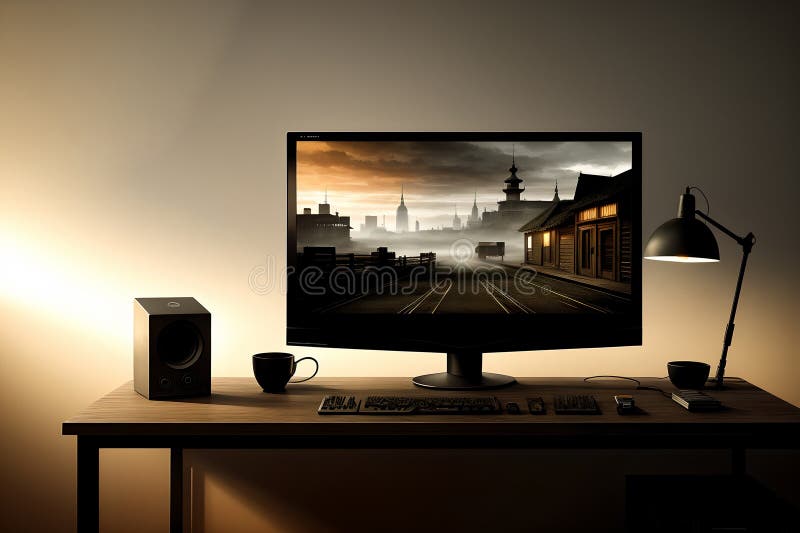 Monitor on computer table stock illustration. Illustration of table ...