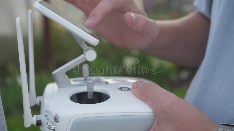 Monitor and Control Panel Drone. Man Using a Control Panel Drone. Close ...