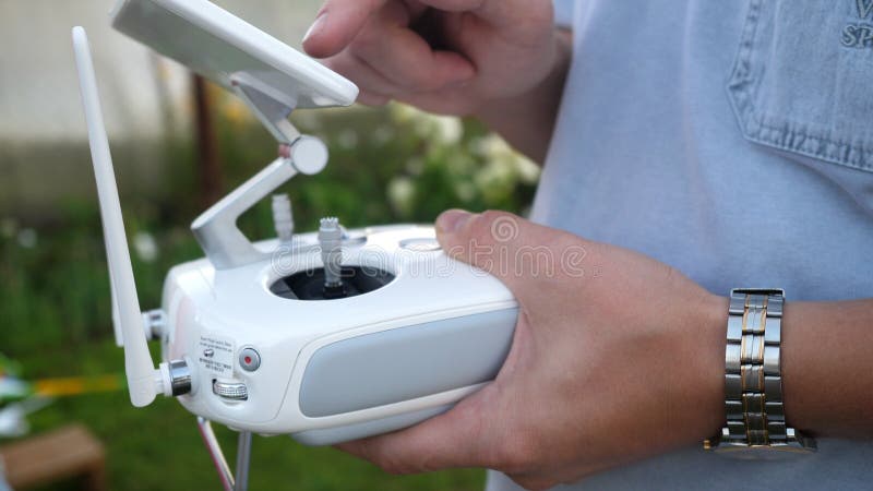 Monitor and Control Panel Drone. Man Using a Control Panel Drone. Close ...