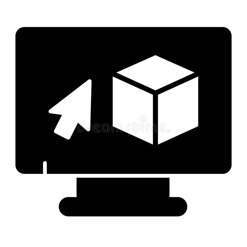 Monitor with 3D Square and Cursor Pointer Solid Icon, Architect Studio Concept. Vector Graphics ...
