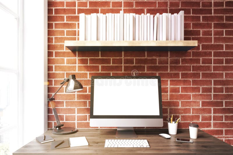 Monitor De Computadora Blanco Contra La Pared De Ladrillo, Delantera ...
