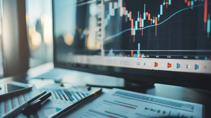 Monitor Displaying Financial Charts with Documents and Office Supplies ...
