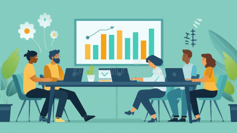 The Monitor Displays Graphs and Charts, and the People are Working on a ...