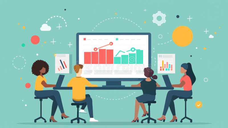 The Monitor Displays Graphs and Charts, and the People are Working on a ...