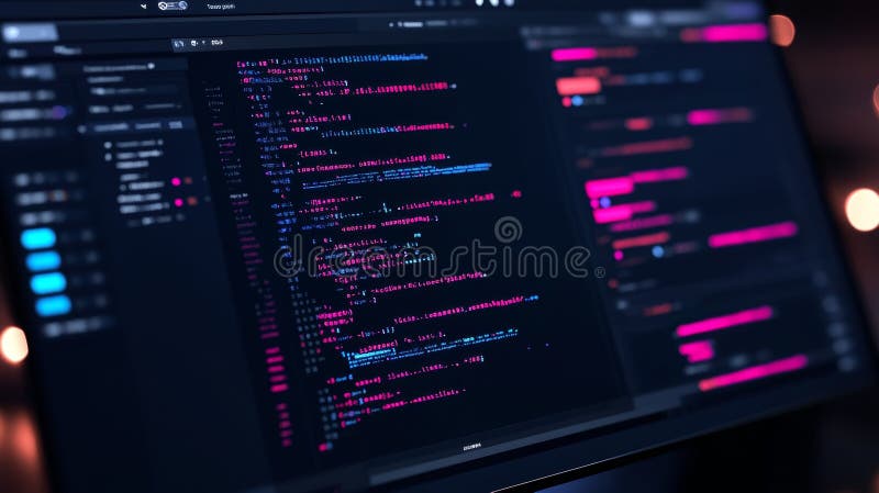Green Source Code Displayed on a Monitor with a Black Background Showcasing Various Coding ...
