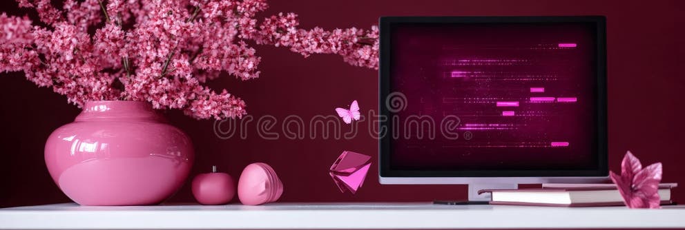 Monitor with Glowing Pink Interface Sits among Vivid Blossoms, Blending ...