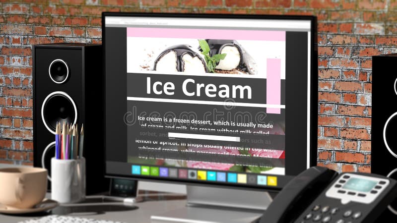Monitor with Ice Cream Recipe on Desktop Stock Illustration ...